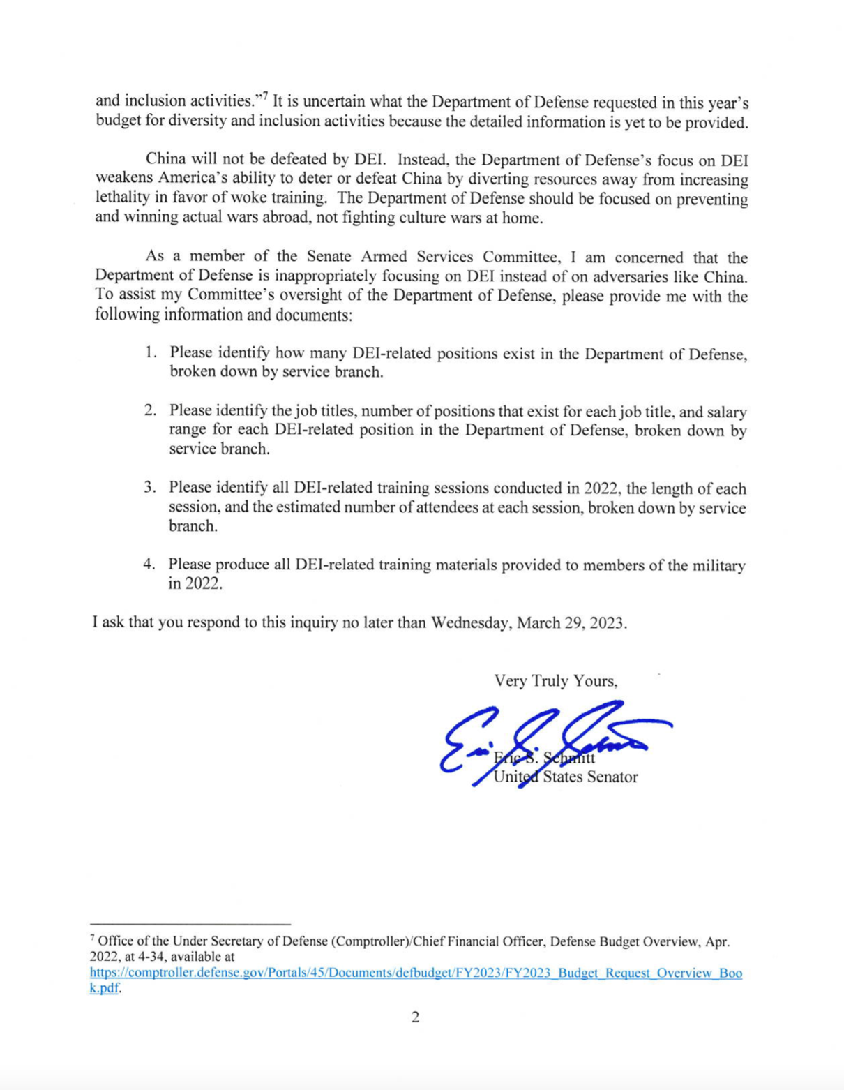 Sen. Schmitt Demands Answers from SECDEF on DOD’s Prioritization of DEI over Military ...